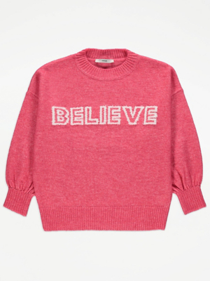 Pink Believe Slogan Print Knitted Jumper | Kids | George at ASDA