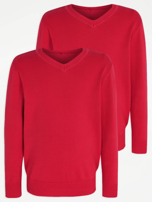 Red Cotton Rich V Neck School Jumper 2 Pack | School | George at ASDA