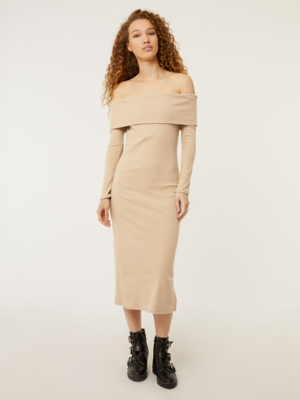 Neutral Bardot Soft Touch Ribbed Midi Dress | Women | George at ASDA