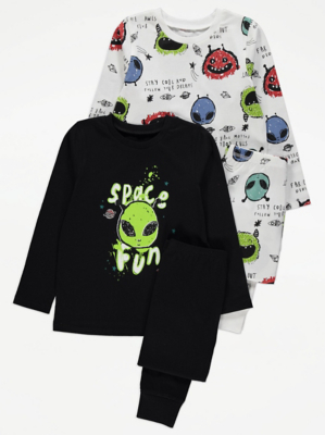 Black Alien Space Fun Long Sleeve Pyjamas 2 Pack | Sale & Offers ...