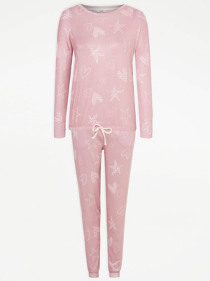 Pink Heart Print Brushed Snit Pyjamas | Women | George at ASDA