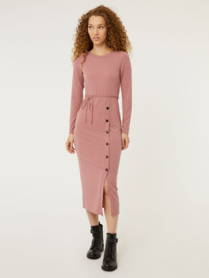 Tickled Pink Ribbed Button Detail Midi Dress | Sale & Offers | George ...
