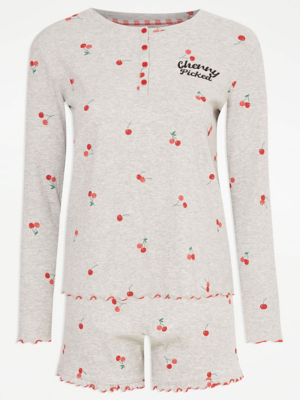 Grey Cherry Print Ribbed Short Pyjamas | Women | George at ASDA