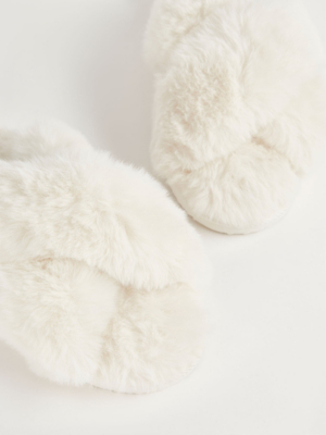Cream Faux Fur Cross Over Sliders | Women | George at ASDA