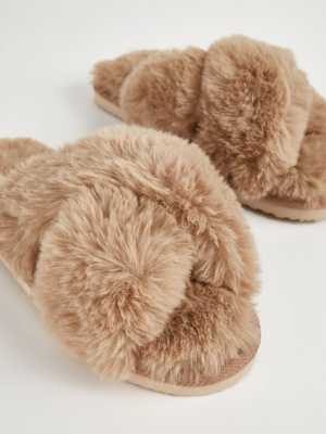 Brown Faux Fur Cross Over Sliders | Women | George at ASDA