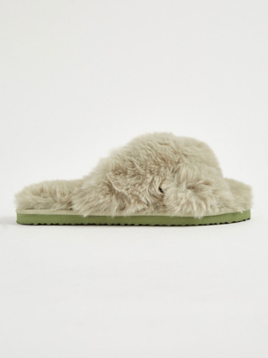 Sage Green Faux Fur Cross Over Slider Slippers | Lingerie | George at ASDA