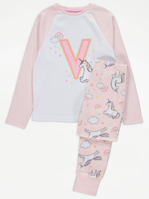 Pink Unicorn Letter V Alphabet Pyjamas | Kids | George at ASDA