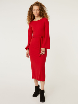 Red Ribbed Belted Midi Dress | Women | George at ASDA