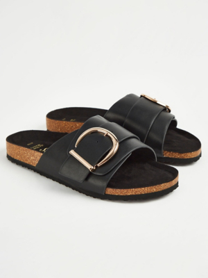 Black Buckled Wide Fit Footbed Slider Sandals | Women | George at ASDA
