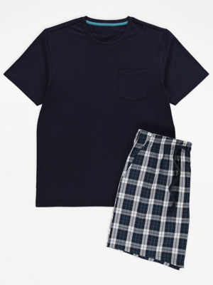 Navy Checked Woven Short Pyjamas | Men | George at ASDA