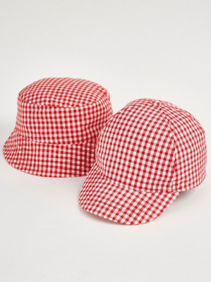 Red Gingham Print Cap and Bucket School Hat Set | Kids | George at ASDA