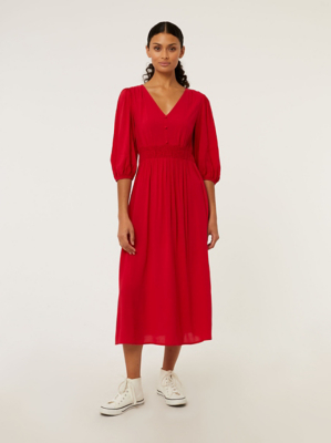 Red Shirred Midi Dress | Women | George at ASDA