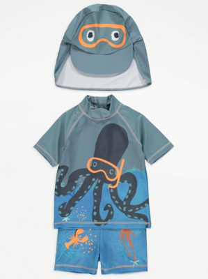 Grey Squid Swim Top Shorts and Keppi Hat | Kids | George at ASDA
