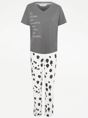 Coffee and Mascara Slogan Print Grey Pyjamas | Women | George at ASDA