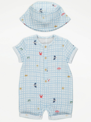 Blue Seaside Print Checked Romper and Hat Outfit | Baby | George at ASDA