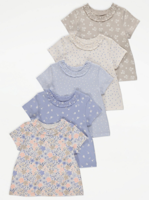Blue Floral Frill Short Sleeve Tops 5 Pack | Baby | George at ASDA