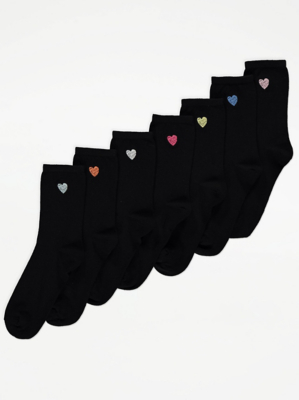 Heart Embroidered Black Ankle Socks 7 Pack | Women | George at ASDA