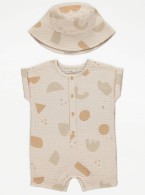 Neutral Shape Print Woven Romper and Hat Outfit | Baby | George at ASDA