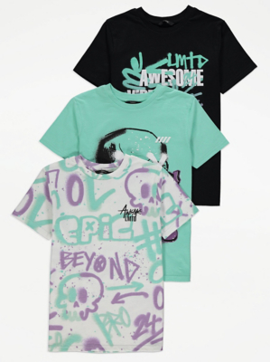 Mint Graffiti Print Slogan T-Shirts 3 Pack | Kids | George at ASDA