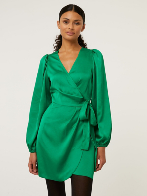 Green Satin Wrap Mini Dress | Women | George at ASDA