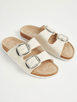 Cream Double Strap Buckled Slider Sandals | Women | George at ASDA