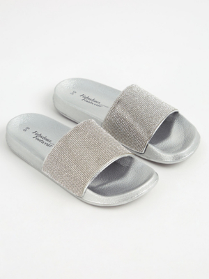 Silver Metallic Embellished Sliders | Women | George at ASDA