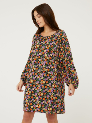 Black Floral Print Long Sleeve Mini Dress | Women | George at ASDA
