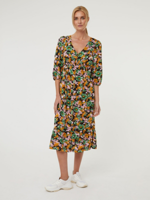 Black Bright Floral Print Button Up Tiered Midi Dress | Women | George ...