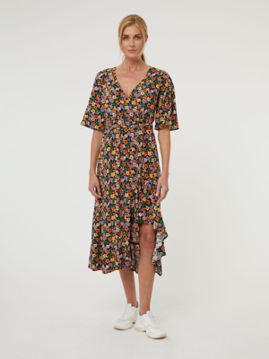 Black Floral Print Wrap Front Frilled Midi Dress | Women | George at ASDA