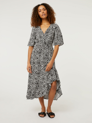 Black Animal Print Wrap Front Frilled Midi Dress | Women | George at ASDA