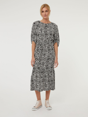 Black Animal Print Gathered Tiered Midi Dress | Women | George at ASDA
