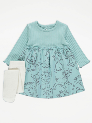 Disney Character Print Blue Ribbed Jersey Dress and Tights Outfit ...