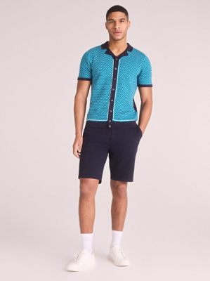 Blue Patterned Knitted Button Up Polo Shirt | Men | George at ASDA