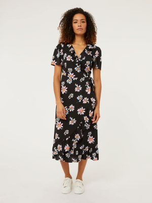 Black Daisy Print Wrap Midi Dress | Women | George at ASDA
