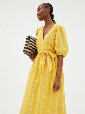 Yellow Embroidered Wrap Front Midi Dress | Women | George at ASDA
