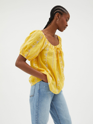 Yellow Embroidered Square Neck Top | Women | George at ASDA