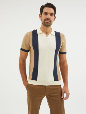 Neutral Colour Block Stripe Knitted Polo Top | Men | George at ASDA