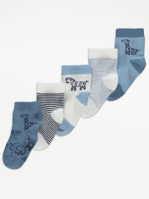Blue Safari Animal Cotton Rich Socks 5 Pack | Baby | George at ASDA