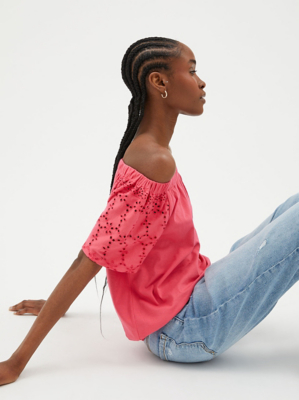 Pink Broderie Sleeve Off Shoulder Top | Women | George at ASDA