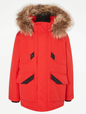 Red Faux Fur Trim Parka Coat | Kids | George at ASDA