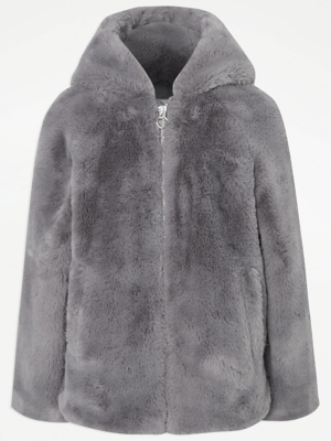 Grey Faux Fur Hooded Jacket | Kids | George at ASDA