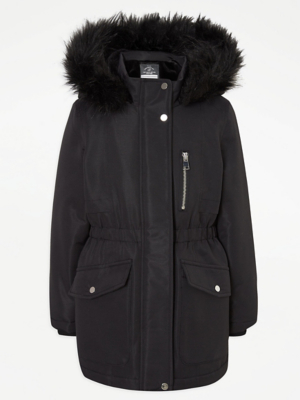 Black Fur Trim Parka Coat | Kids | George at ASDA