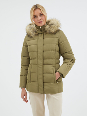 Green Faux Fur Hooded Short Padded Coat | Women | George at ASDA