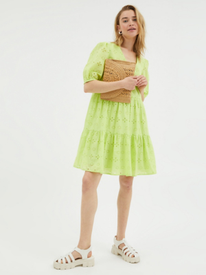 Lime Green Broderie V Neck Mini Dress | Women | George at ASDA