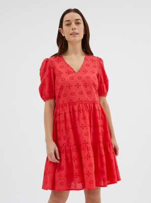 Red Broderie V Neck Mini Dress | Women | George at ASDA