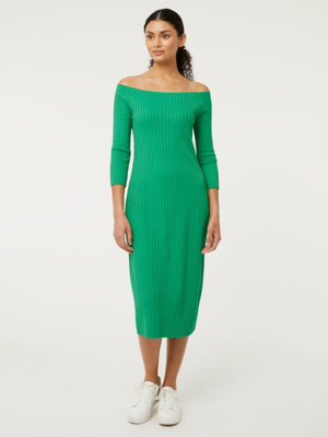 Green Bardot Ribbed Midi Dress | Women | George at ASDA