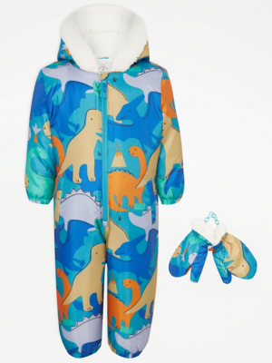 Blue Dinosaur Print Snowsuit and Mittens | Kids | George at ASDA