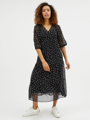 Black Polka Dot Print Mesh Tiered Midi Dress | Women | George at ASDA