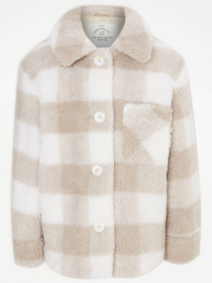 Neutral Checked Borg Fleece Shacket | Kids | George at ASDA