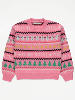 Pink Fairisle Slogan Christmas Jumper | Kids | George at ASDA